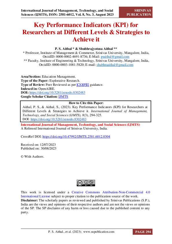 (PDF) Key Performance Indicators (KPI) for Researchers at Different ...