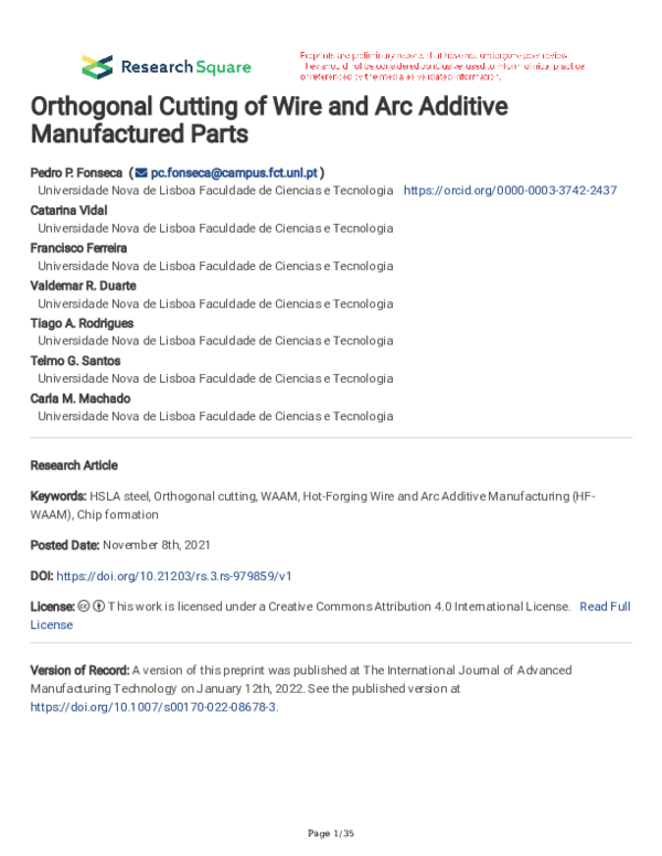 (PDF) Orthogonal cutting of Wire and Arc Additive Manufactured parts