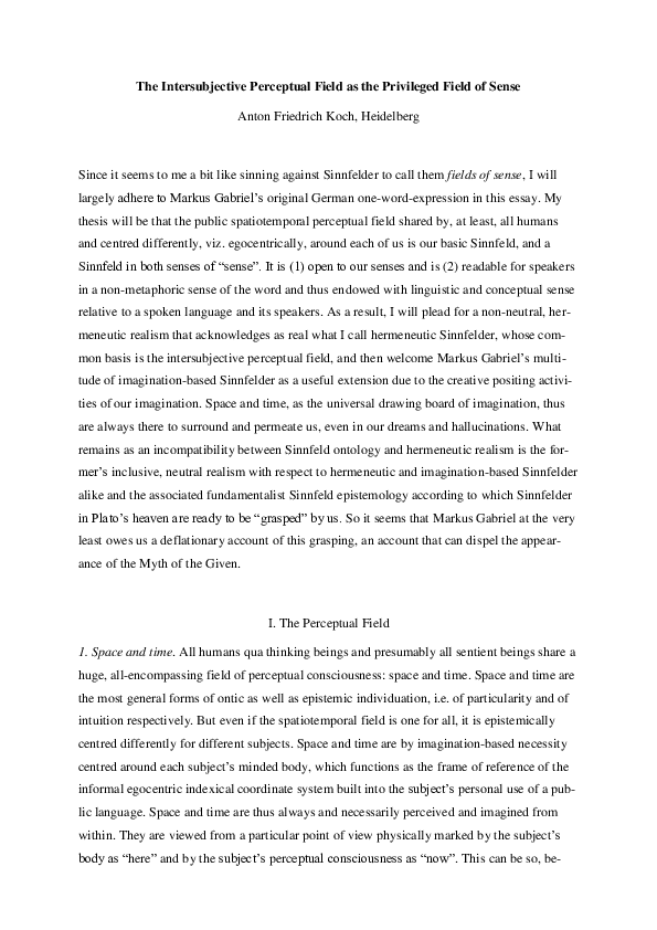 (PDF) The Intersubjective Perceptual Field as the Privileged Field of Sense