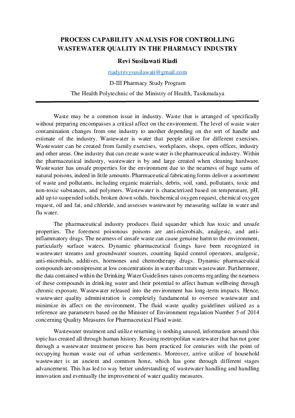 (PDF) PROCESS CAPABILITY ANALYSIS FOR CONTROLLING WASTEWATER QUALITY IN THE PHARMACY INDUSTRY