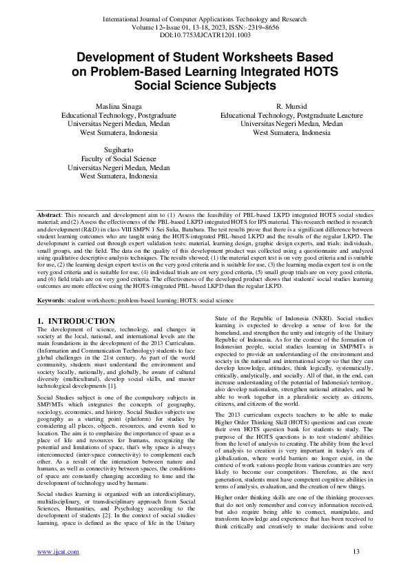 (PDF) Development of Student Worksheets Based on Problem-Based Learning ...