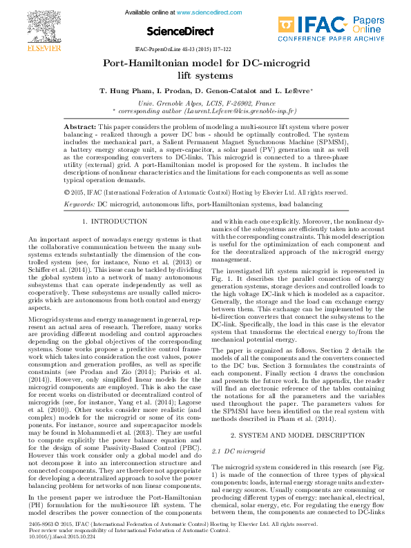 Pdf Port Hamiltonian Model For Dc Microgrid Lift Systems