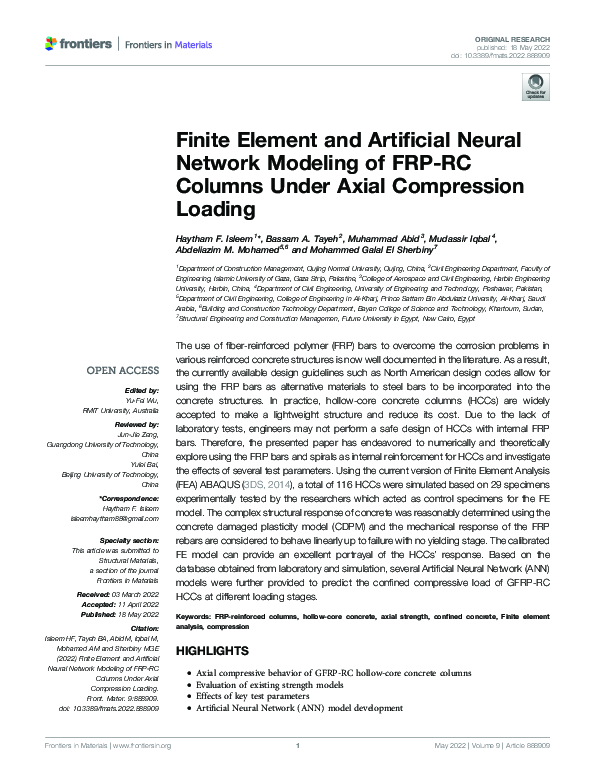 Pdf Finite Element And Artificial Neural Network Modeling Of Frp Rc