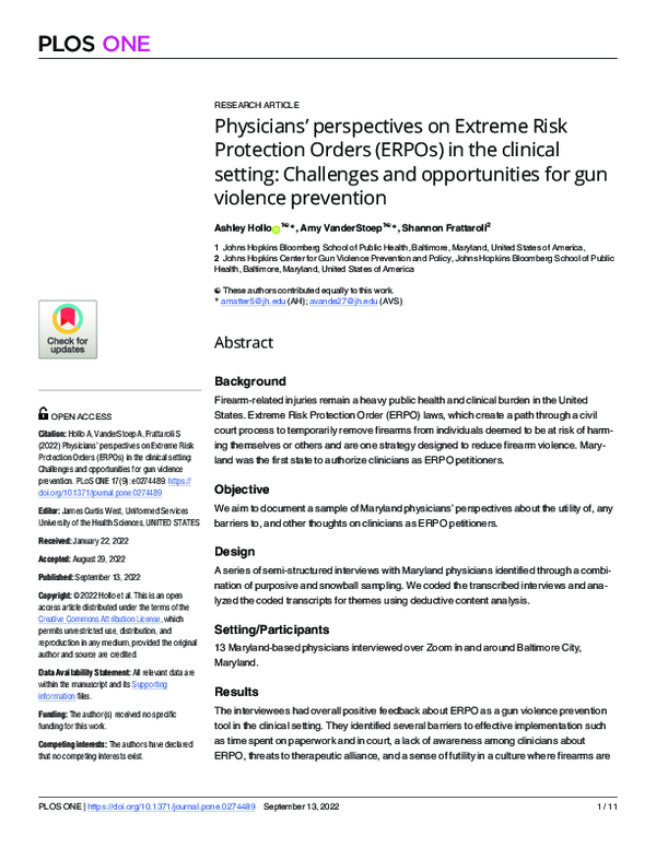 (PDF) Physicians’ perspectives on Extreme Risk Protection Orders (ERPOs ...