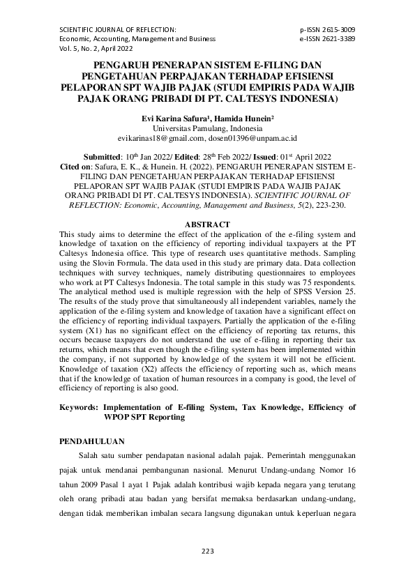 (PDF) Pengaruh Penerapan Sistem E-Filing Dan Pengetahuan Perpajakan ...