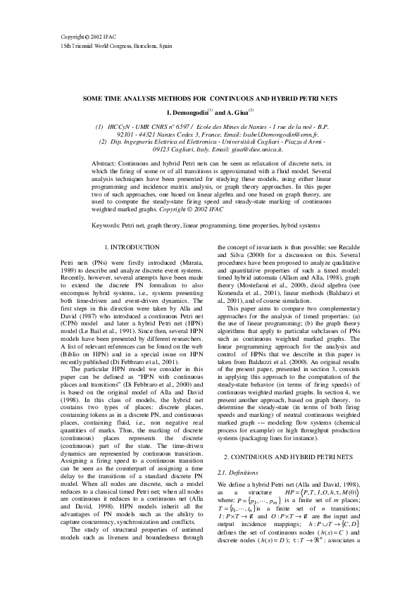 (PDF) Some Time Analysis Methods for Continuous and Hybrid Petri Nets