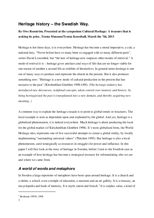 (PDF) Heritage history – the Swedish Way