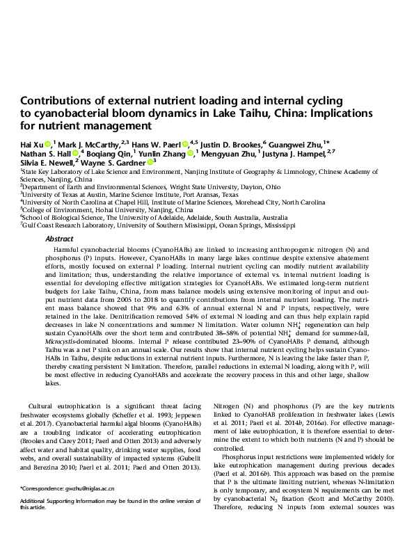 (PDF) Contributions of external nutrient loading and internal cycling ...