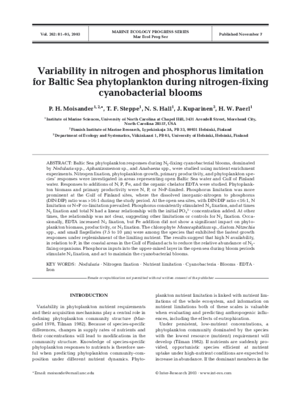 (PDF) Variability in nitrogen and phosphorus limitation for Baltic Sea phytoplankton during ...