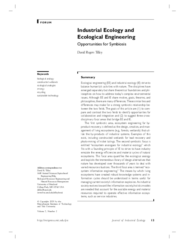 (PDF) Industrial Ecology and Ecological Engineering