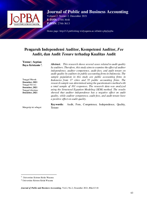 (PDF) Pengaruh Independensi Auditor, Kompetensi Auditor, Fee Audit, dan Audit Tenure terhadap ...