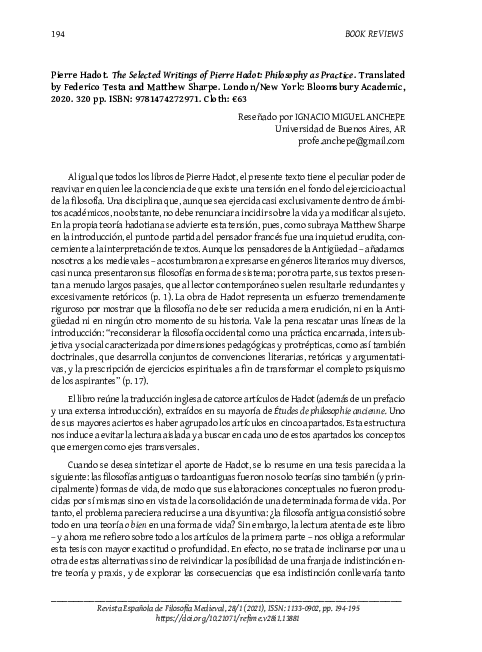 (PDF) Reseña. Pierre Hadot. The Selected Writings of Pierre Hadot ...