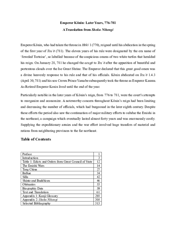 (PDF) Emperor Kōnin: Later Years, 776-781 A Translation from Shoku Nihongi