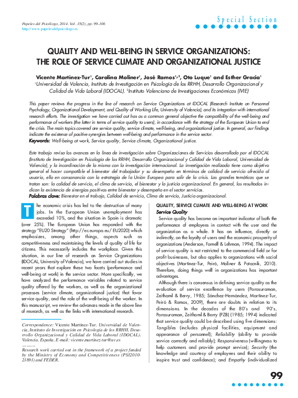 (PDF) Quality and Well-Being in Service Organizations: The Role of ...