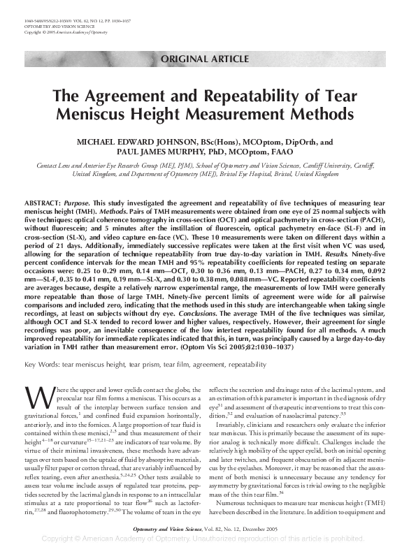 (PDF) The Agreement and Repeatability of Tear Meniscus Height ...