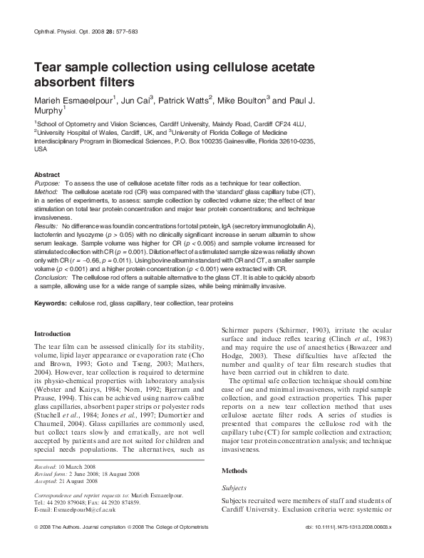 (PDF) Tear sample collection using cellulose acetate absorbent filters