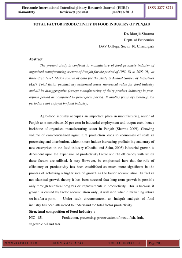 (PDF) Total Factor Productivity in Food Industry of Punjab