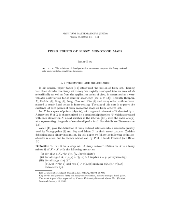 (PDF) FIXED POINTS OF FUZZY MONOTONE MAPS