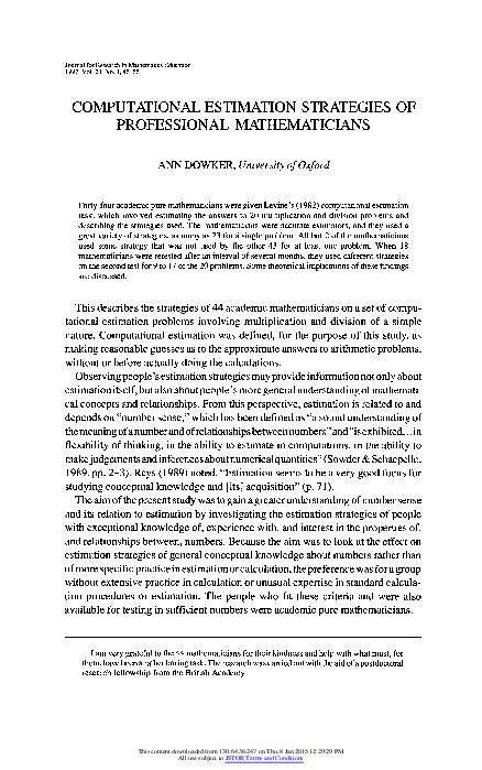 Pdf Computational Estimation Strategies Of Professional Mathematicians