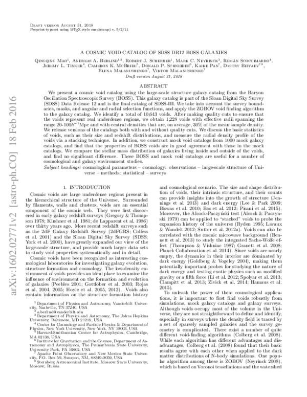 (PDF) A Cosmic Void Catalog of SDSS DR12 BOSS Galaxies | Viktor ...