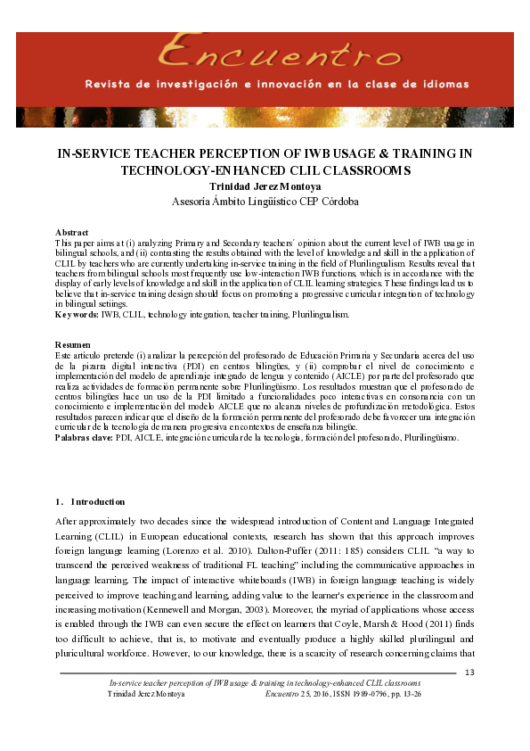 (PDF) In-service teacher perception of IWB usage & training in technology-enhanced CLIL classrooms