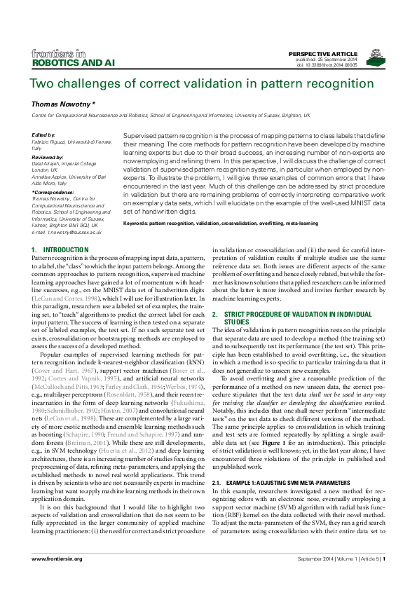 Pdf Two Challenges Of Correct Validation In Pattern Recognition