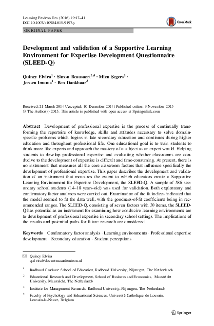(PDF) Development and validation of a Supportive Learning Environment for Expertise Development ...