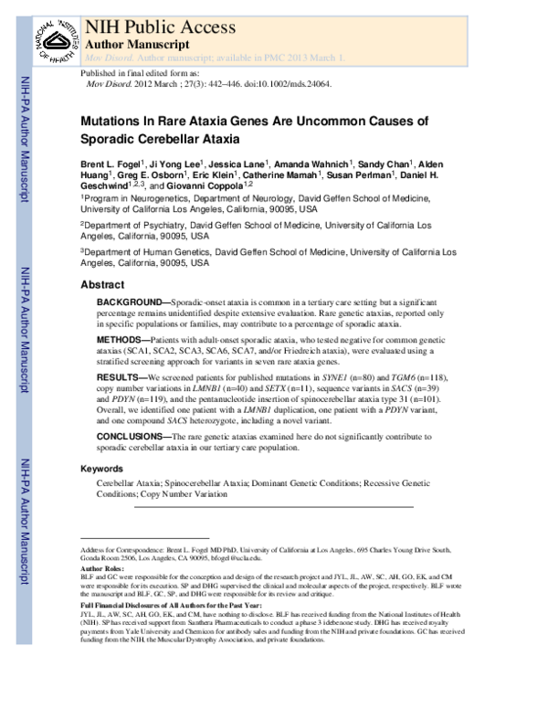 (PDF) Mutations in rare ataxia genes are uncommon causes of sporadic cerebellar ataxia | Amanda ...