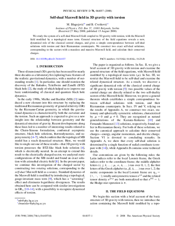 (PDF) Self-dual Maxwell field in 3D gravity with torsion and dynamical ...