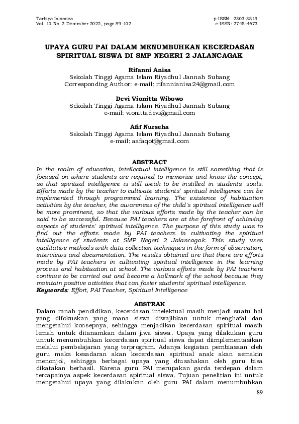 (PDF) Upaya Guru Pai Dalam Menumbuhkan Kecerdasan Spiritual Siswa DI SMP Negeri 2 Jalancagak