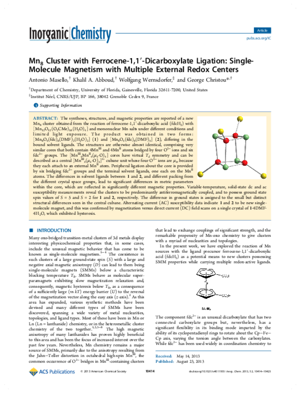 (PDF) Mn-8 Cluster with Ferrocene-1,1 '-Dicarboxylate Ligation: Single ...