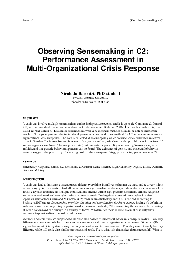 (PDF) Observing Sensemaking in C2: Performance Assessments in Multi ...