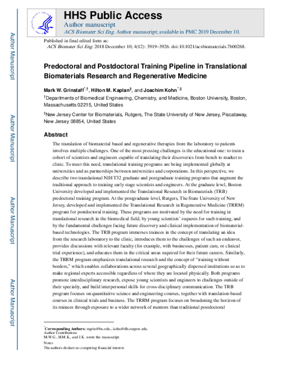 (PDF) Predoctoral and Postdoctoral Training Pipeline in Translational Biomaterials Research and ...