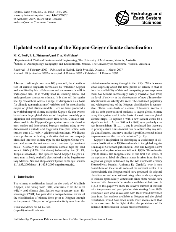 (PDF) Updated world map of the Köppen-Geiger climate classification
