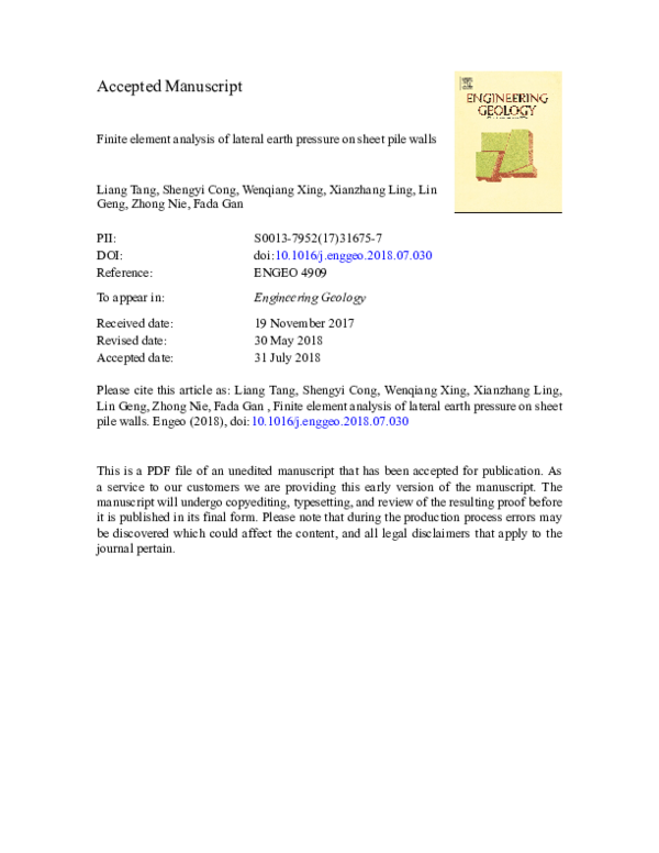 (PDF) Finite element analysis of lateral earth pressure on sheet pile walls