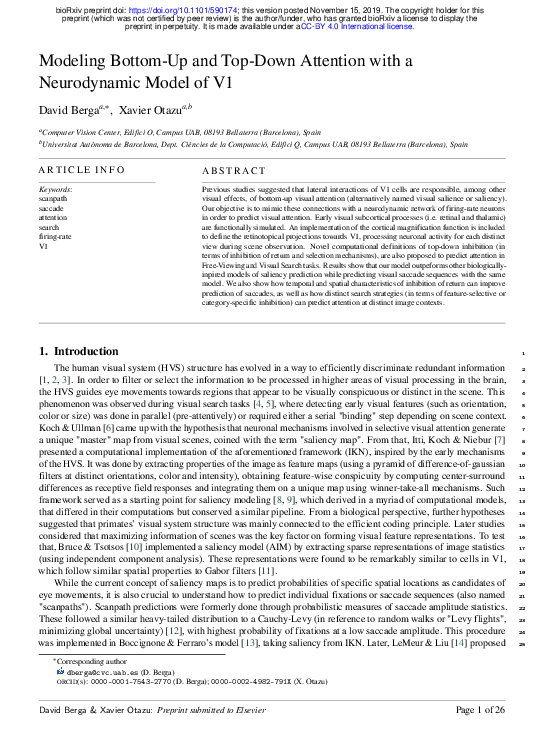 (PDF) Modeling bottom-up and top-down attention with a neurodynamic model of V1