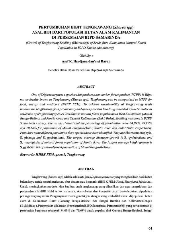 (PDF) PERTUMBUHAN BIBIT TENGKAWANG (Shorea spp) ASAL BIJI DARI POPULASI ...