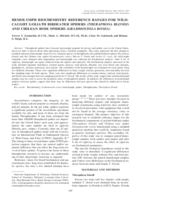 (PDF) Hemolymph Biochemistry Reference Ranges for Wild-Caught Goliath ...
