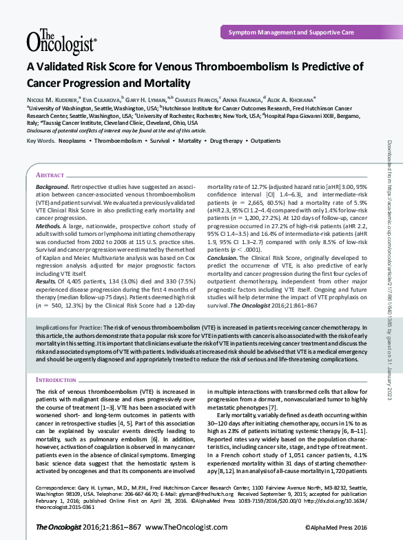 (PDF) A Validated Risk Score for Venous Thromboembolism Is Predictive ...