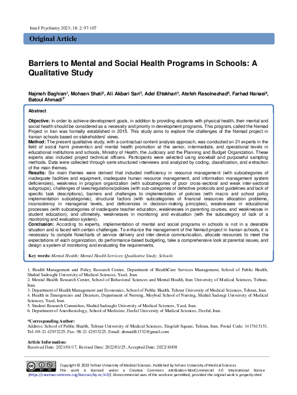 (PDF) Barriers to Mental and Social Health Programs in Schools: A ...