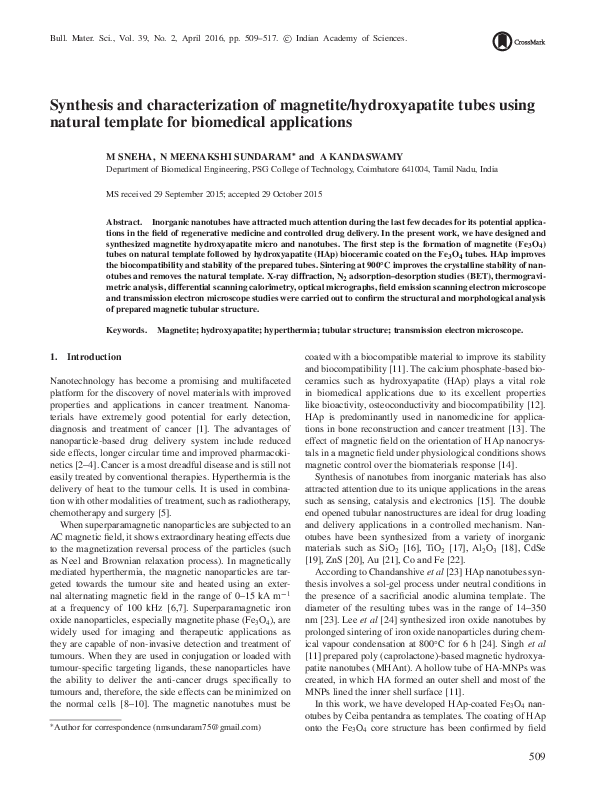 (PDF) Synthesis and characterization of magnetite/hydroxyapatite tubes ...