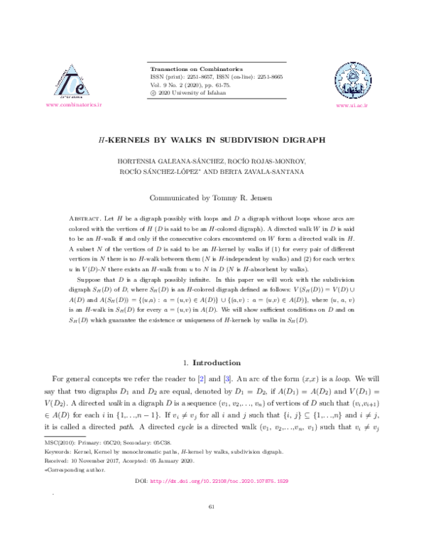(PDF) $H$-kernels by walks in subdivision digraph