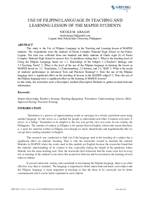 (PDF) Use of Filipino Language in Teaching and Learning Lesson of the ...