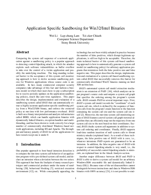 (PDF) Application Specific Sandboxing for Win32/Intel Binaries