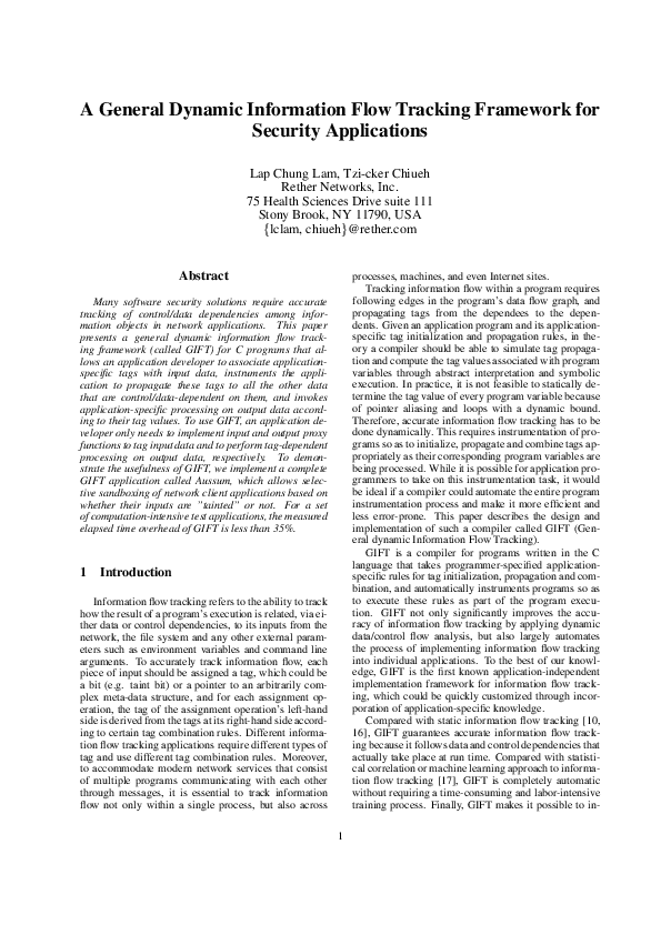 (PDF) A General Dynamic Information Flow Tracking Framework for Security Applications