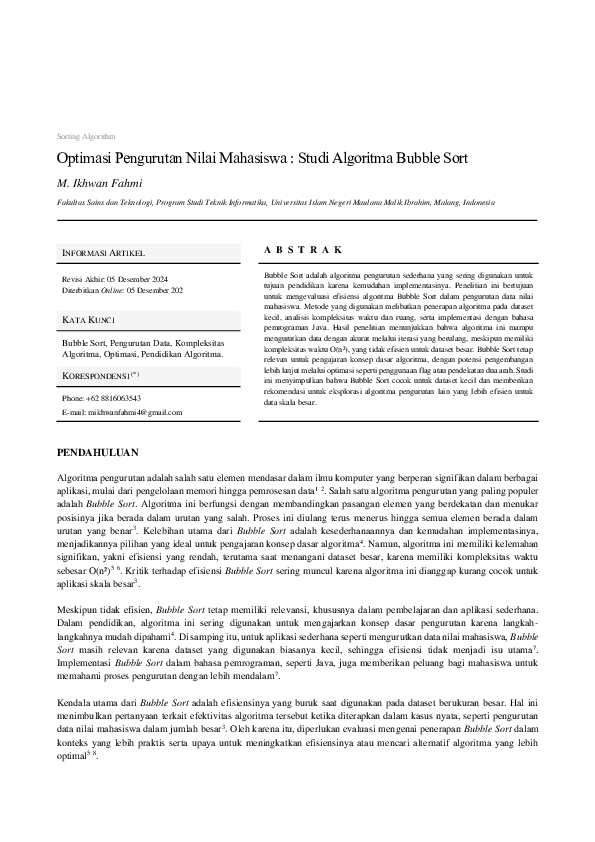 (PDF) Optimasi Pengurutan Nilai Mahasiswa : Studi Algoritma Bubble Sort
