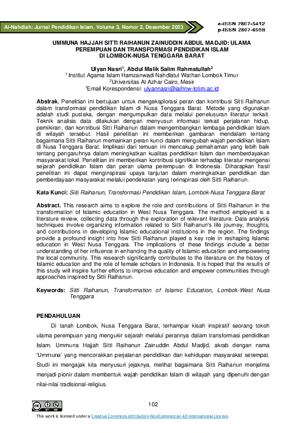 (PDF) Ummuna Hajjah Sitti Raihanun Zainuddin Abdul Madjid: Ulama Perempuan Dan Transformasi ...
