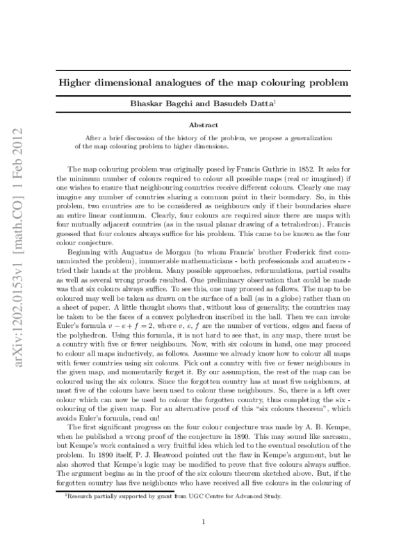 (PDF) Higher dimensional analogues of the map colouring problem