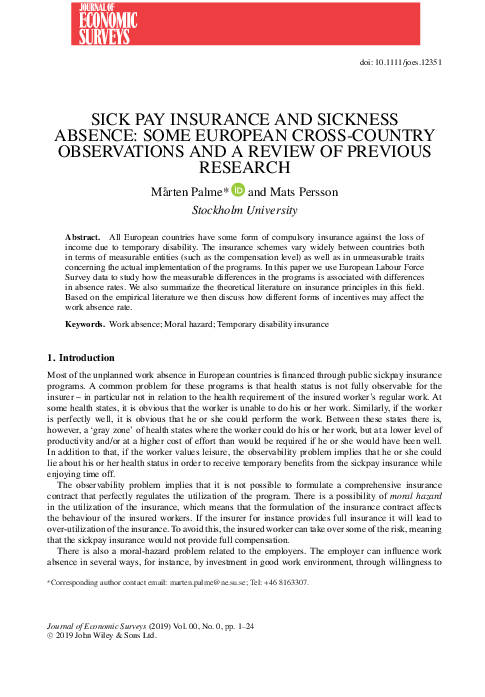 (PDF) Sick Pay Insurance and Sickness Absence: Some European Cross ...
