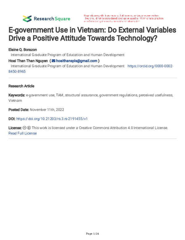 (PDF) E-government Use in Vietnam: Do External Variables Drive a ...